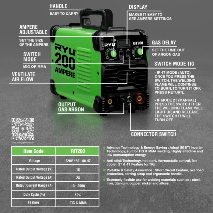 Jual MESIN LAS ARGON T 200 A RYU RIT 200 RIT200 LAS STAINLESS STEEL ...
