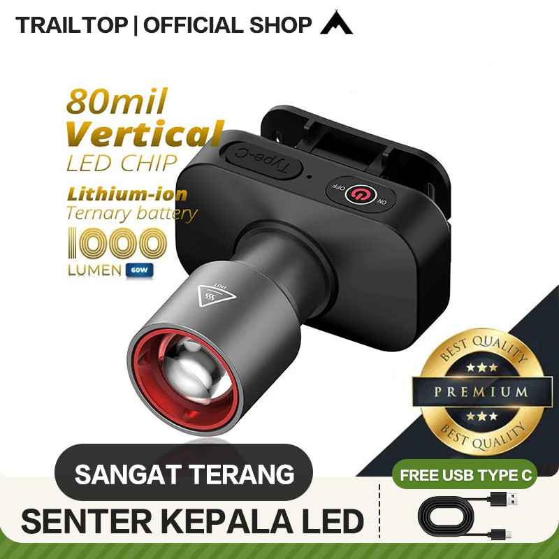 Jual TrailTop Senter Kepala Cahaya Maksimal Plus RechargePro Dengan USB Fokus & Penyebaran Zoom ...