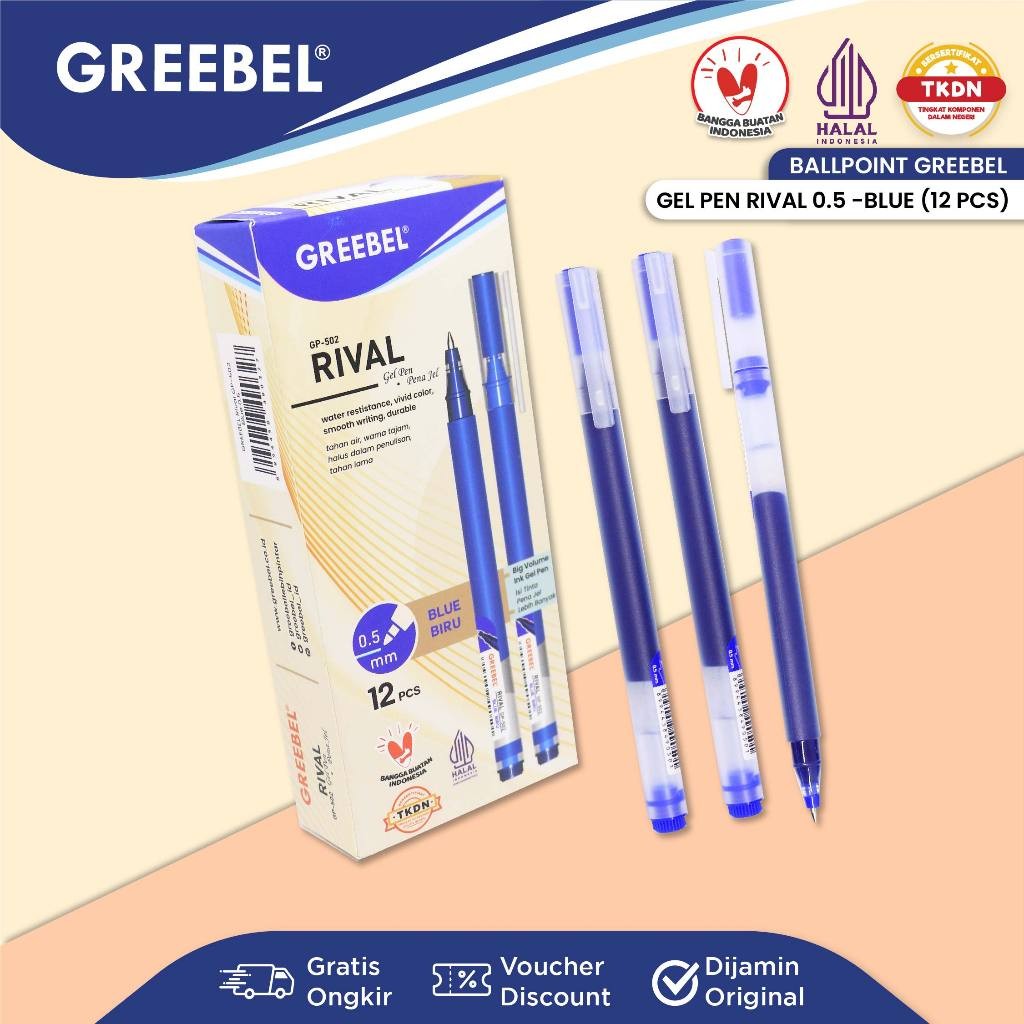 Jual GREEBEL Pulpen Gel / Gel Pen GP-502 RIVAL 0.5 Tinta BIRU / BALLPEN BALLPOIN Gel Pen ...