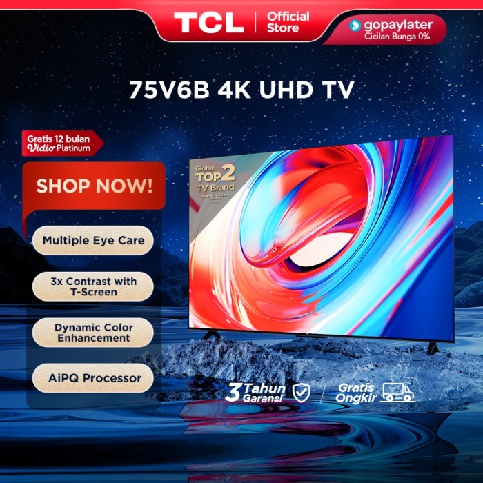 Jual Tcl 75" 4K Uhd Google Tv - T-Screen - Dolby Audio - Hdr10 (75V6B) | Shopee Indonesia