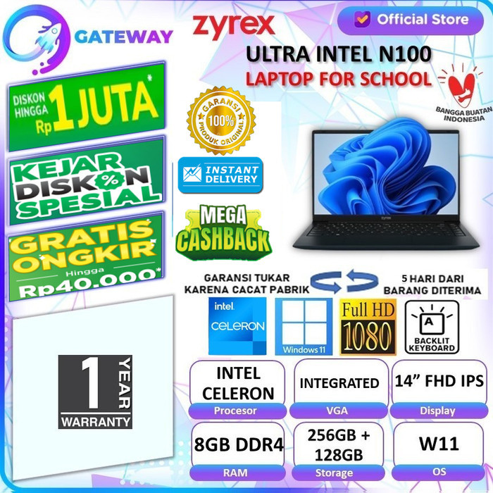 Jual Laptop Zyrex Ultra Intel N100 8Gb 128+256Gb W11 14" Fhd | Shopee ...