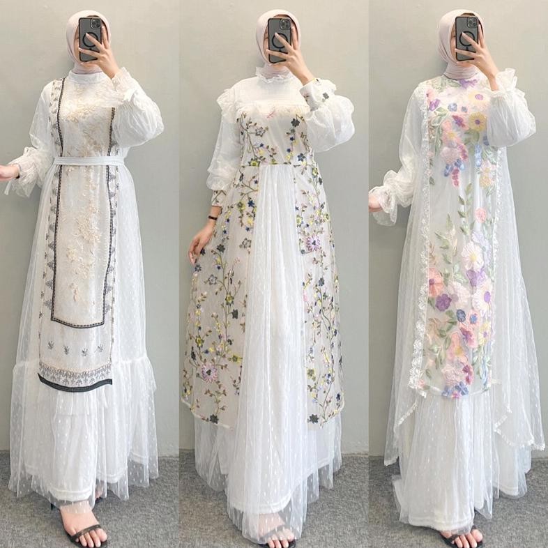 Jual PROMO Dress / Gamis kondangan Bahan Brukat Tile Bunga Bordir Gamis ...