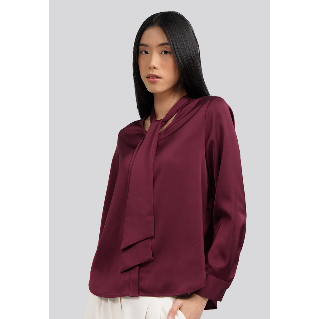 Jual Executive Tie Neck Long Sleeve Blouse Berry | Shopee Indonesia
