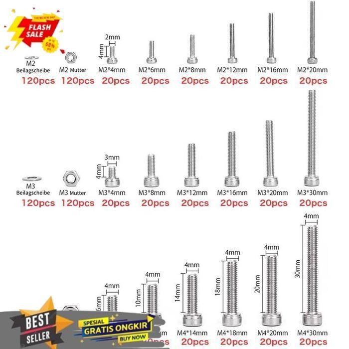 Jual SALE 1080PCS/SET BAUT SOKET MUR DAN MUR M2/M3/M4 STAINLESS STEEL ...