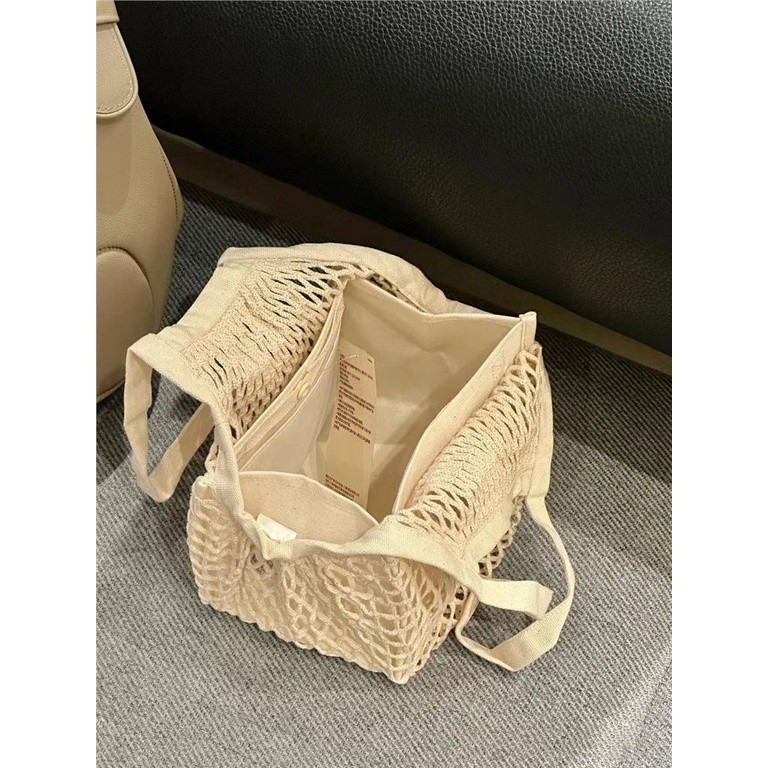 Jual Women's Muji same cotton summer woven hollow handbag mesh bag bag ...