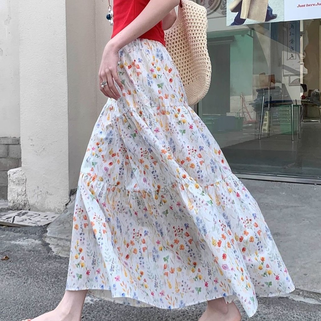 Jual Rok Midi Serbaguna Rok Motif Bunga Romantis Elegan Lembut ...