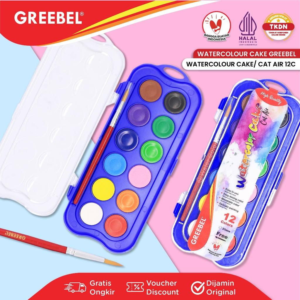 Jual GREEBEL Cat Air Padat Cat Lukis Set Watercolor Cake 12 Warna ...