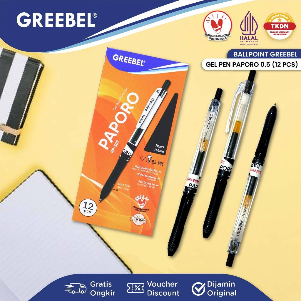 Jual GREEBEL Pulpen Gel / Gel Pen GP-507 Paporo 0.5 Hitam / Bolpen Bolpoin Pena Gel | Shopee ...