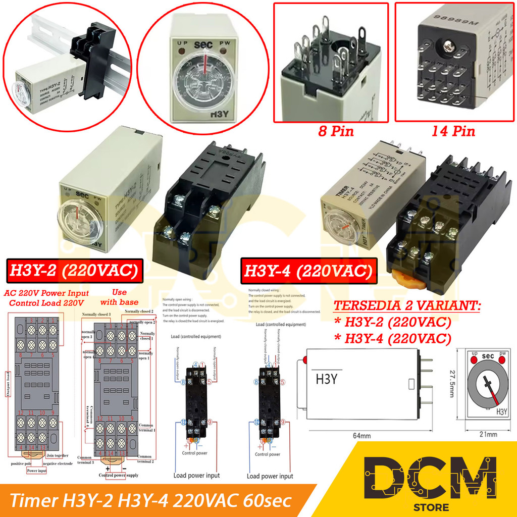 Jual Timer H3Y H3Y-2 H3Y-4 H3Y2 H3Y4 220VAC 60s 1min Delay Timer Relay ...