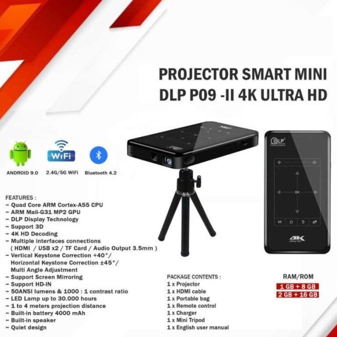 Jual Mini Proyektor DLP P09-II Resolusi 4K Ultra HD Android Projector 50 ANSI Lumens (Bogor ...