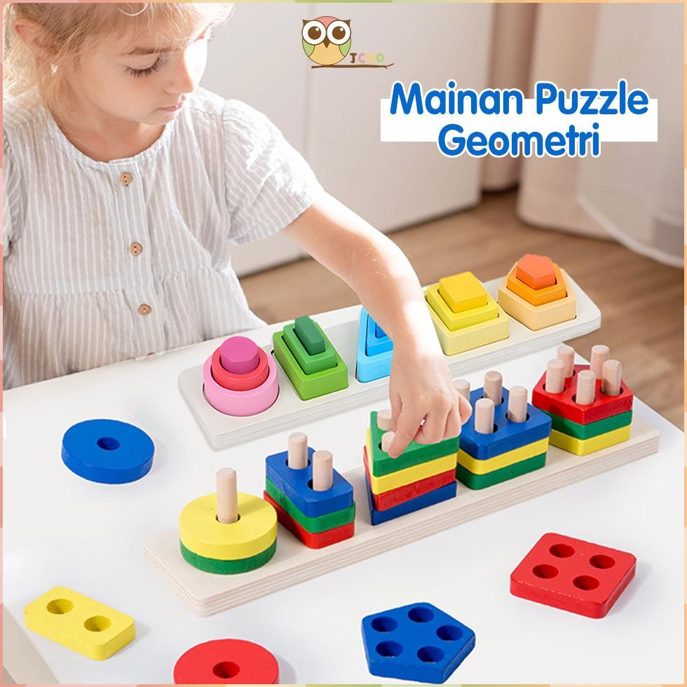 Jual JCHO Puzzle Geometri Mainan Kayu Edukasi Anak Shape Sorting Wooden ...
