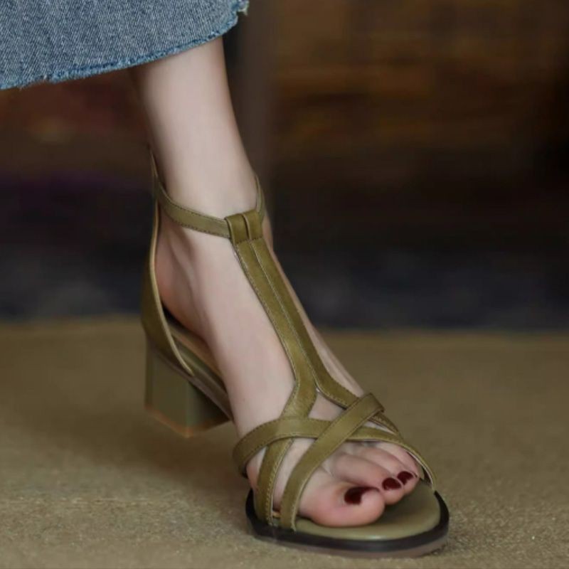 Jual Round Toe Sandals Open Toe Hollow Mid Heel Genuine Leather Roman ...