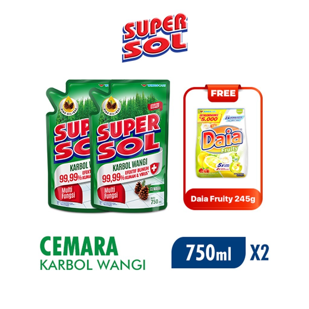 Jual Supersol Pembersih Lantai Karbol Cemara Pine Pouch 750 ml x2 Free ...