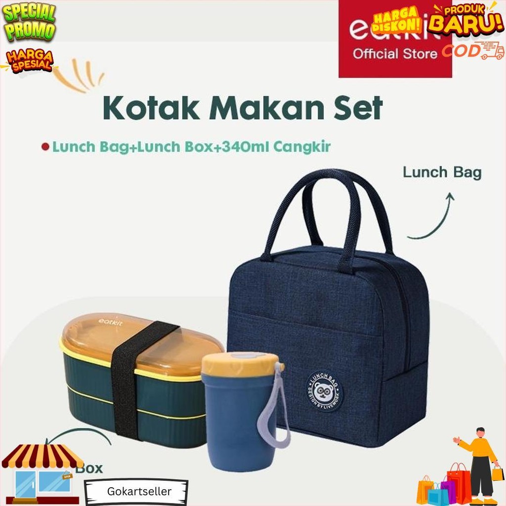 Jual Eatkit 3In1 Kotak Makan Set Lunch Box Kotak Makan 700Ml 2 Layers & Cangkir Soup Wheatstraw ...