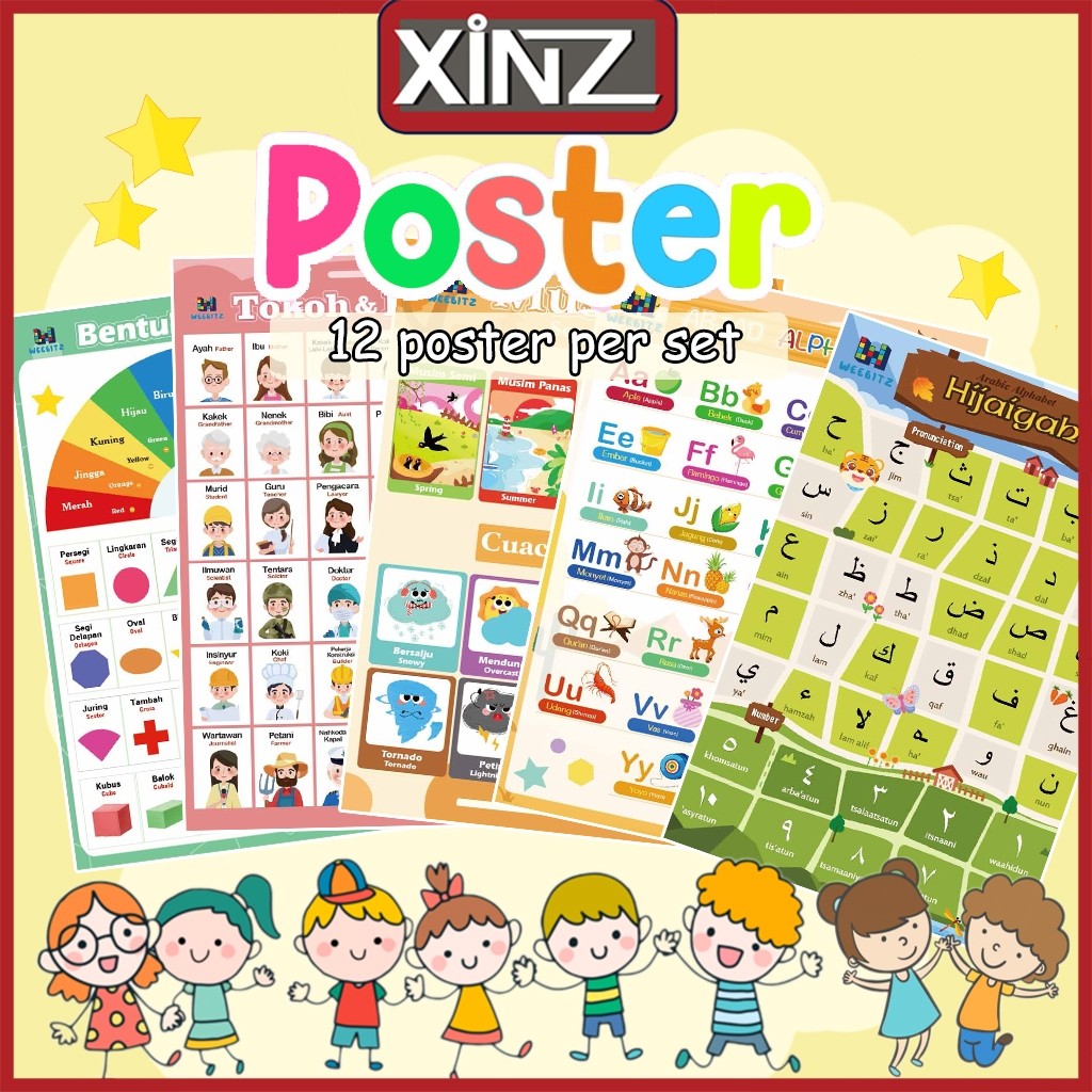 Jual XiNZ 12pcs Anti Air Poster Dinding Edukasi Anak WIPE CLEAN Ukuran 28cm x 42cm Glossy ...