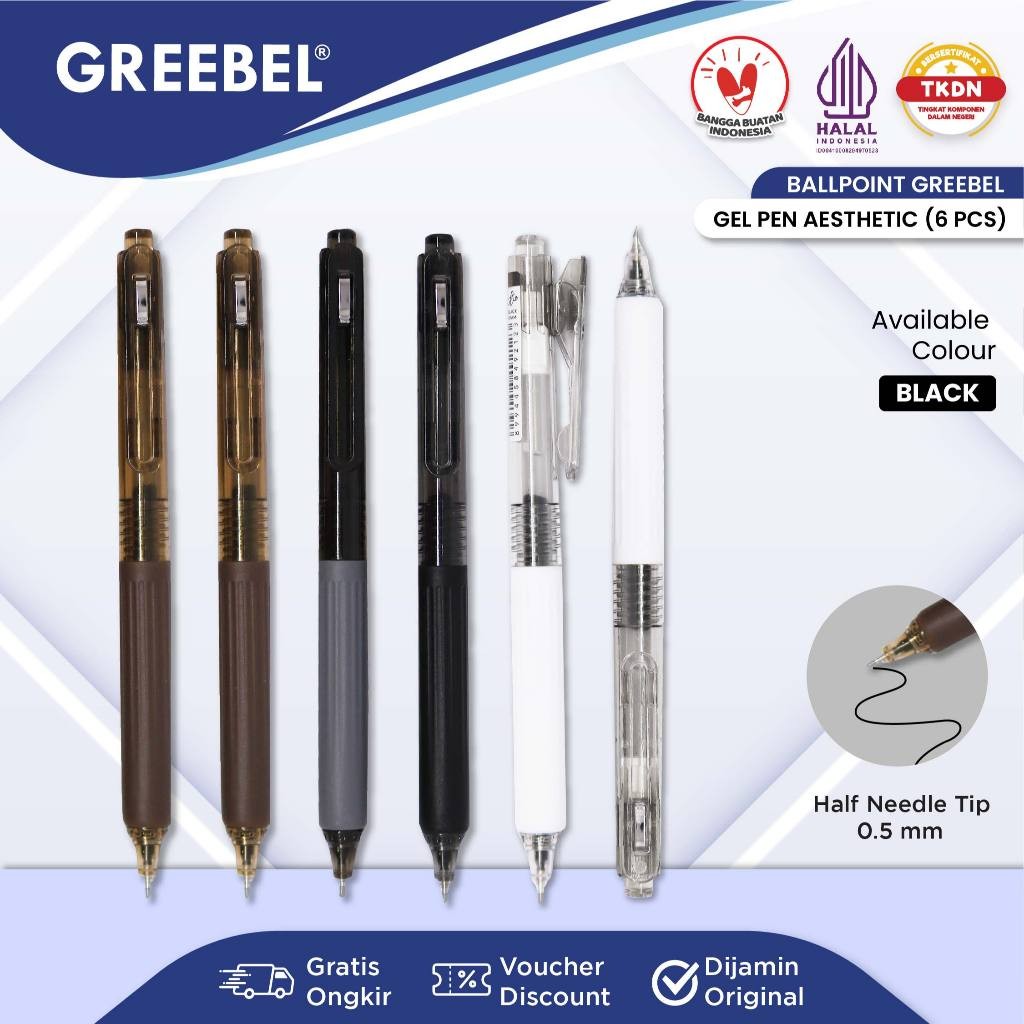 Jual GREEBEL Pulpen Gel / Gel Pen GP-513 Aesthetic 0.5 Hitam (6PCS/SET ...