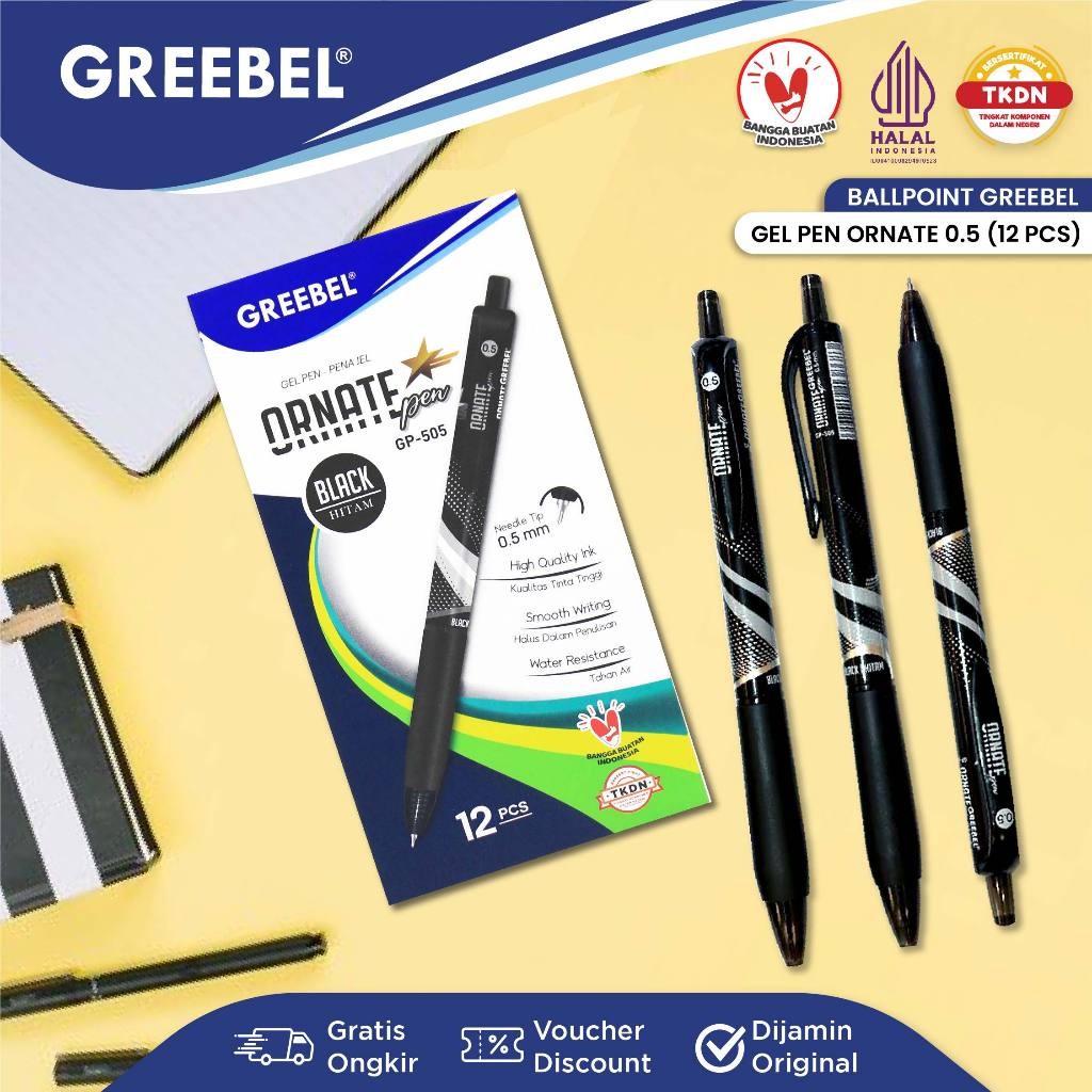 Jual GREEBEL PULPEN GEL / Gel Pen Ornate GP- 505 0.5 Hitam / Ballpen Gel Ballpoint Bolpen ...