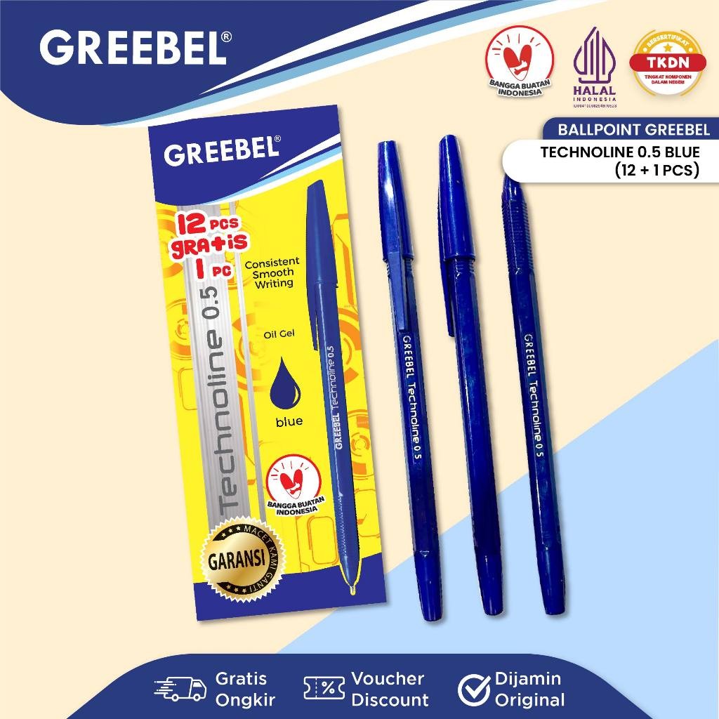 Jual GREEBEL Pulpen Ballpoint / Technoline 0.5 Biru (12PCS/SET ...