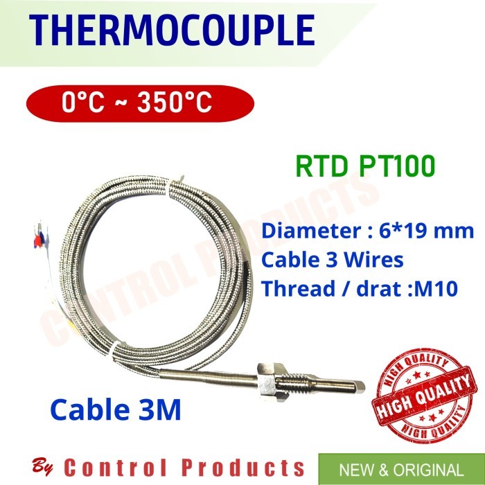Jual Thermocouple Rtd Pt100 Kabel 3M Drat M10 Uk.6X19Mm 3 Wires Sensor ...