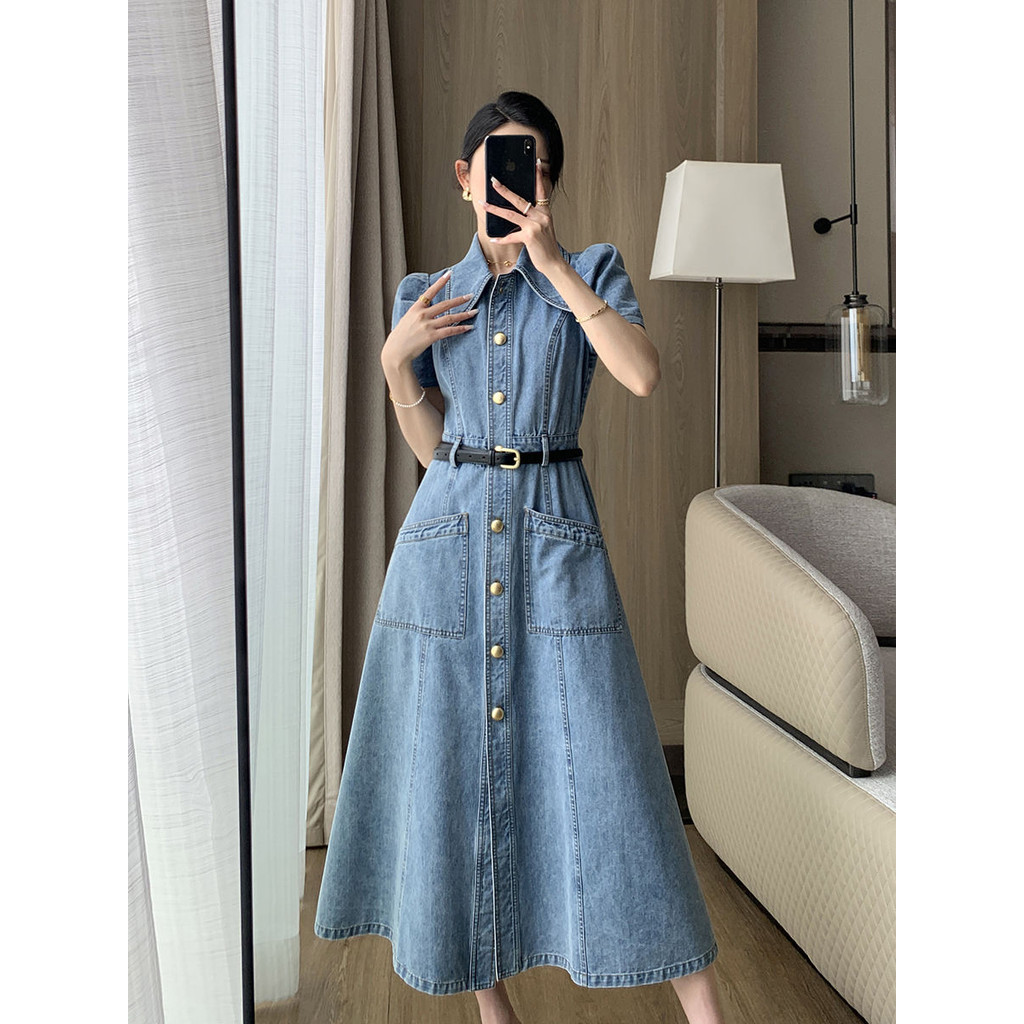 Jual Gaun denim retro biru wanita baru senior pinggang tipis temperamen ...
