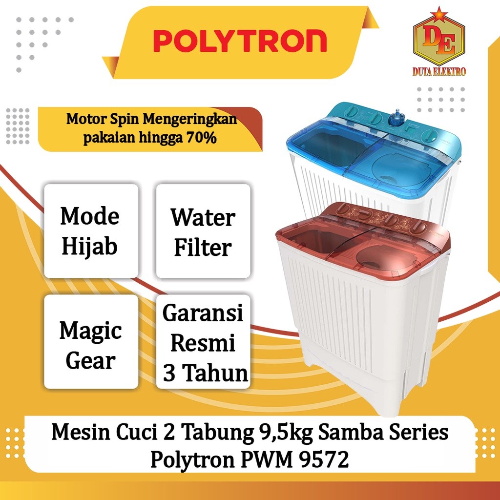 Jual Mesin Cuci 2 Tabung 9,5kg Polytron PWM 9572 Samba Series | Shopee ...