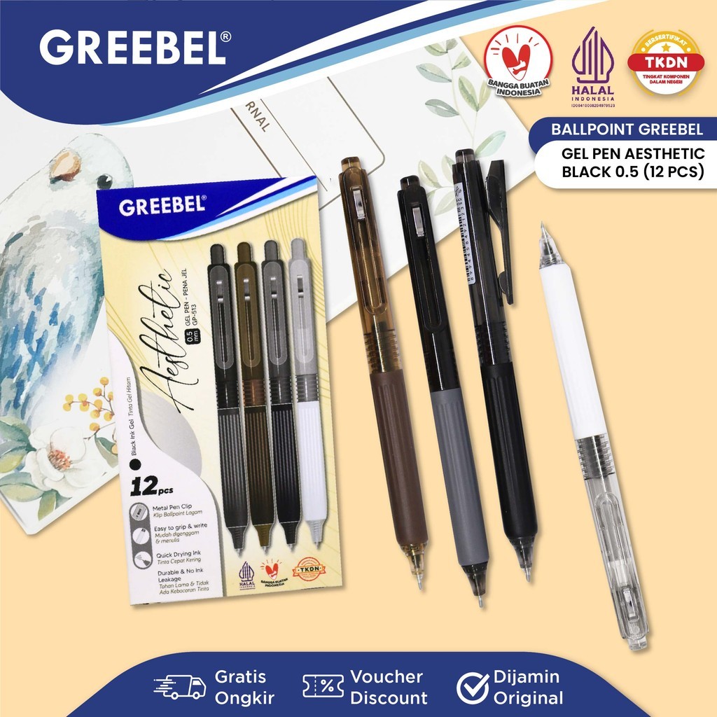 Jual GREEBEL Pulpen Gel / Gel Pen GP-513 Aesthetic 0.5 Hitam (12PCS/SET) / Ballpen Gel Ballpoint ...