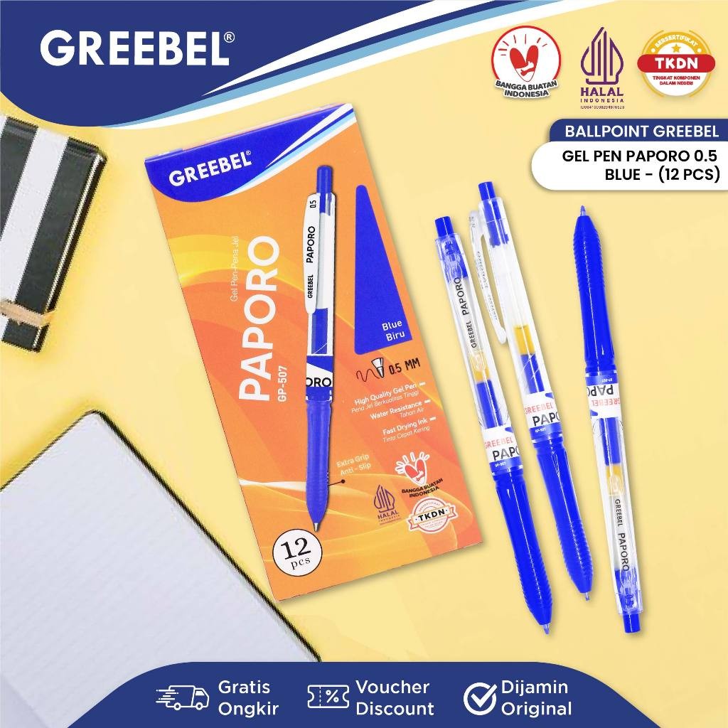 Jual GREEBEL Pulpen Gel / Gel Pen Paporo GP-507 0.5 Biru (12PCS/SET) / Ballpen Gel Ballpoint ...