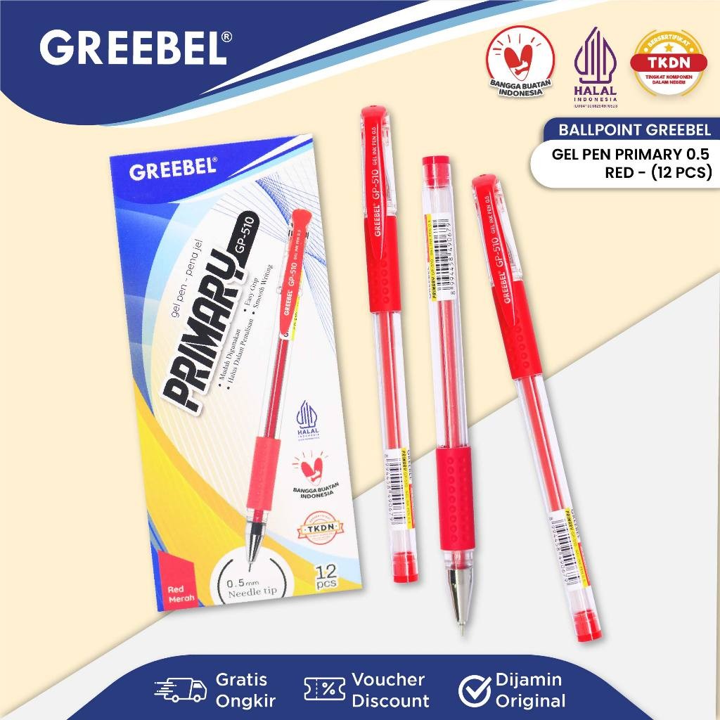 Jual GREEBEL Pulpen Gel / Gel Pen GP-510 Primary 0.5 Merah (12PCS/SET ...