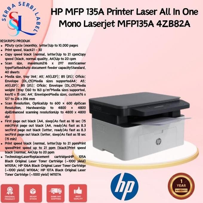 Jual Hp Mfp 135A Printer Laser All In One Mono Laserjet Mfp135A 4Zb82A ...
