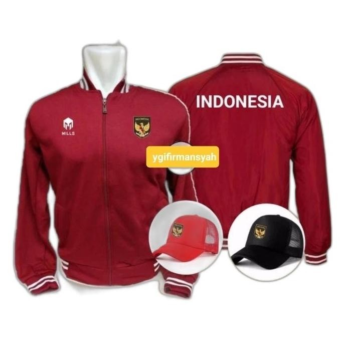 Jual Jaket Varsity Logo Timnas Indonesia Logo Mills Kanan + Topi ...