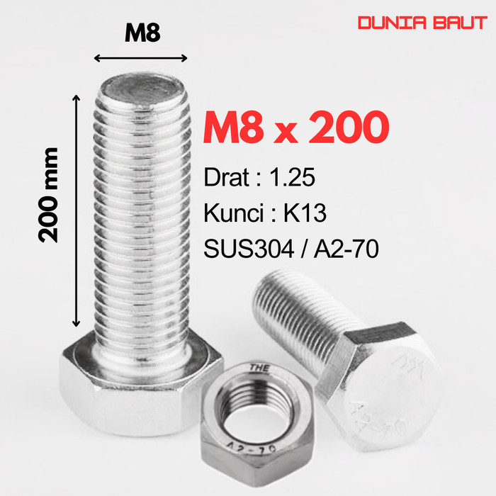 Jual Baut Hex Stainless M8X200 - Baut Hexagon 8X200 / M8 X 200 / 8 X ...