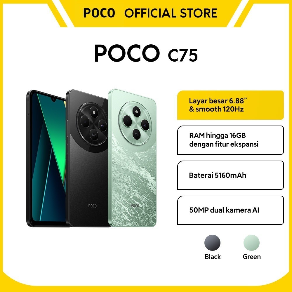Jual POCO C75 (6/128GB) (8/256GB) | Layar 6,88" | 50MP AI | Refresh rate 120 Hz | Baterai 5 ...