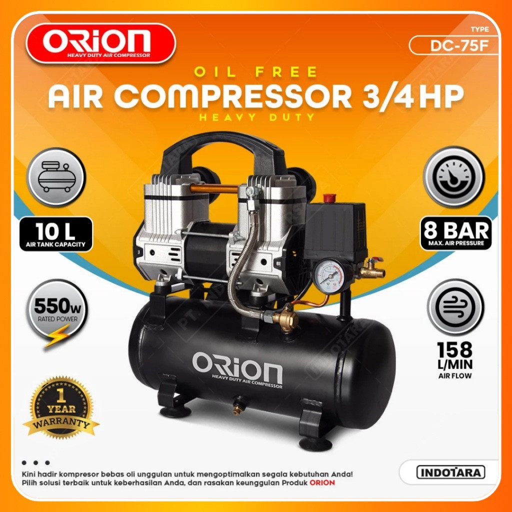 Jual Kompresor Angin Oil Free 0.75 Kw 3/4 HP 10L Air Compressor Orion ...