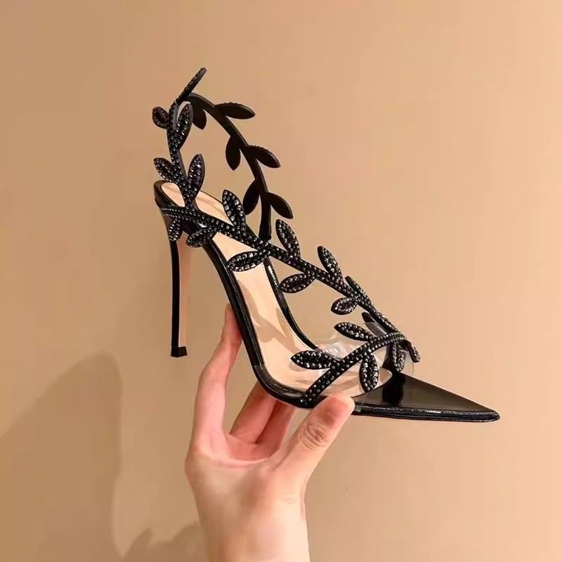 Jual Black Rhinestone Leaf Sandals New Pointed Toe Fashion Socialite ...