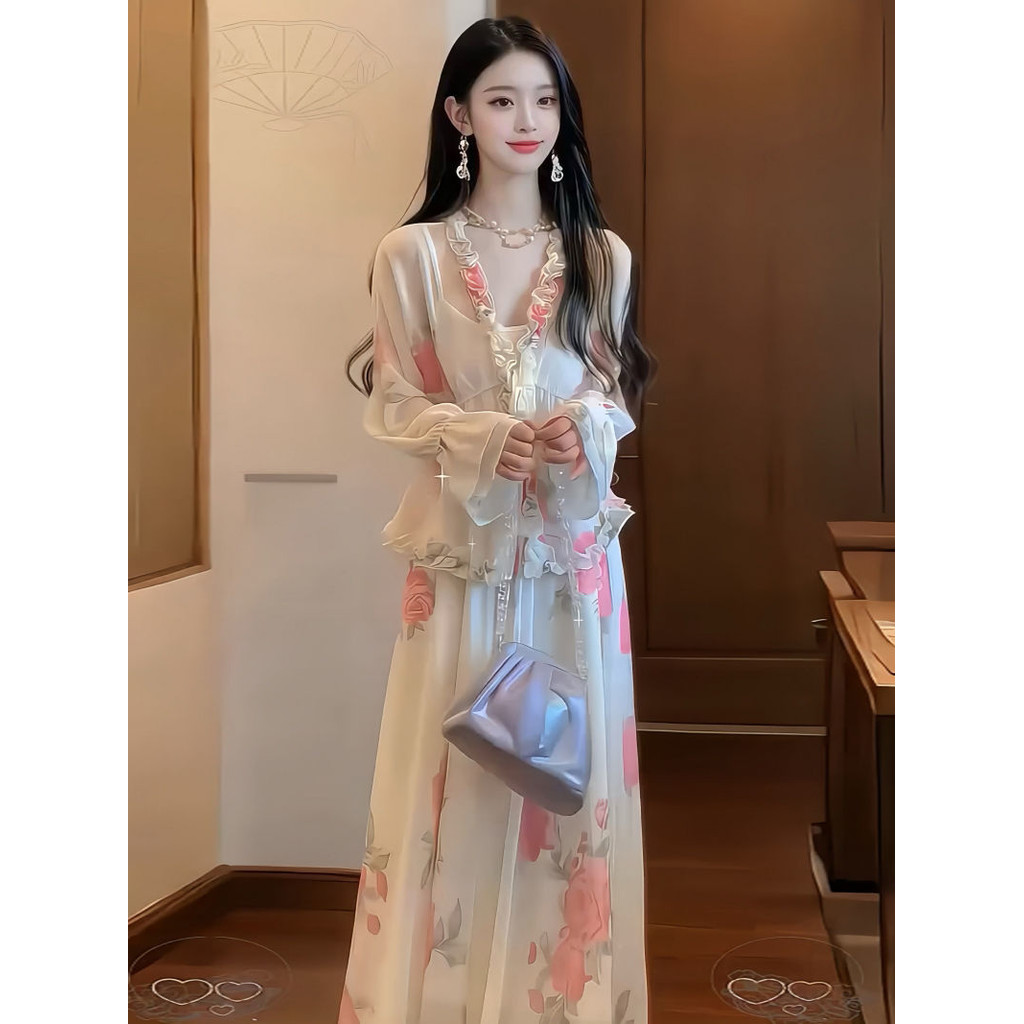 Jual Desain Baru Ruffle yang Menarik V Atasan Kerah+Set Rok Dua Potong ...