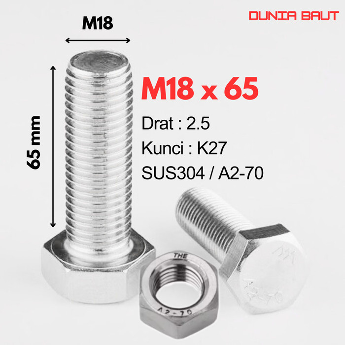 Jual Baut Hex Stainless M18X65 - Baut Hexagon 18X65 / M18 X 65 / 18 X ...