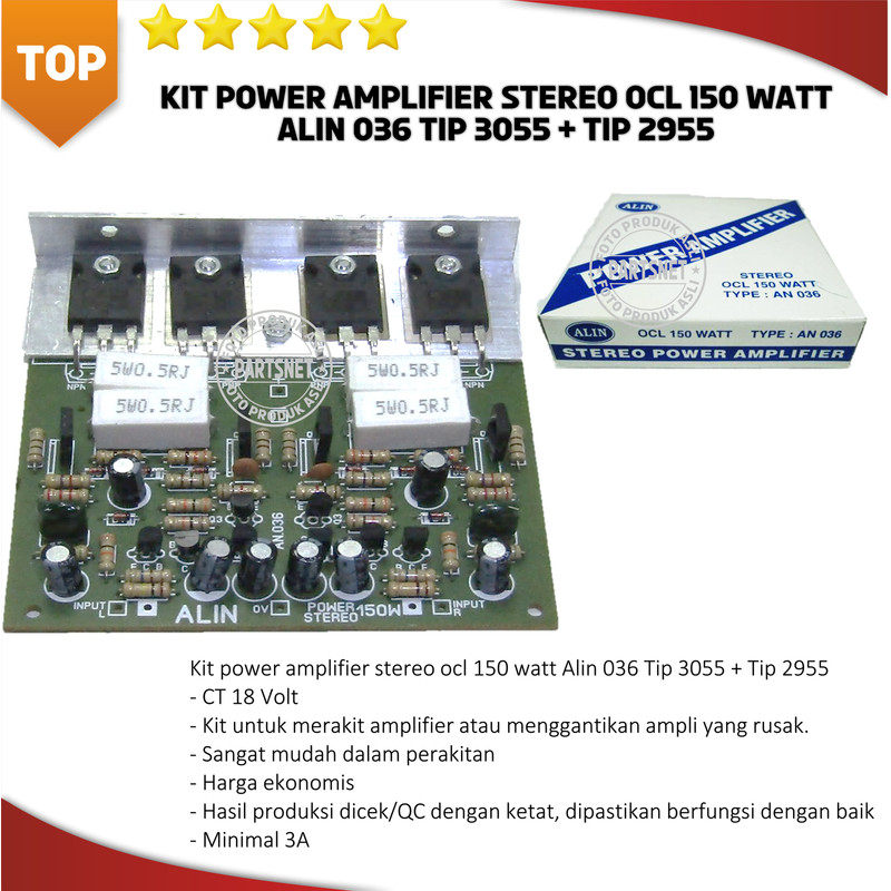 Jual Kit power amplifier stereo ocl 150 watt Alin 036 Tip 3055 + Tip ...