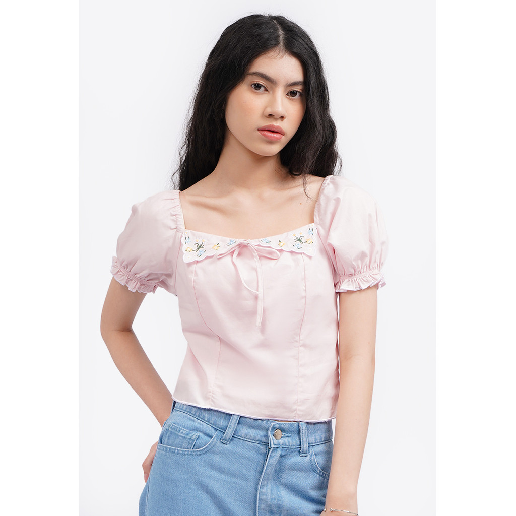Jual COLORBOX Embroidered Puff Sleeves Blouse Lt. Pink | Shopee Indonesia