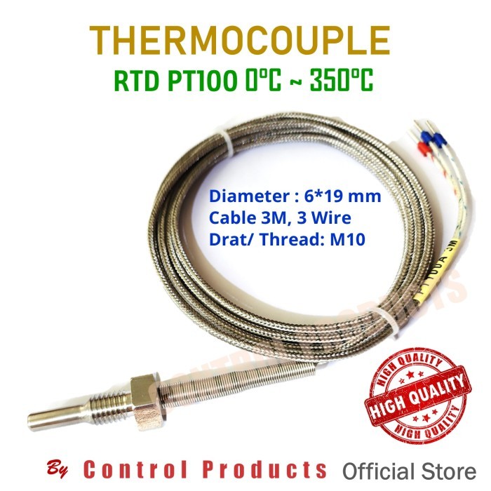 Jual Terbagus Thermocouple Rtd Pt100 Kabel 3M Drat M10 Uk.6X19Mm 3 Wires Sensor Suhu | Shopee ...