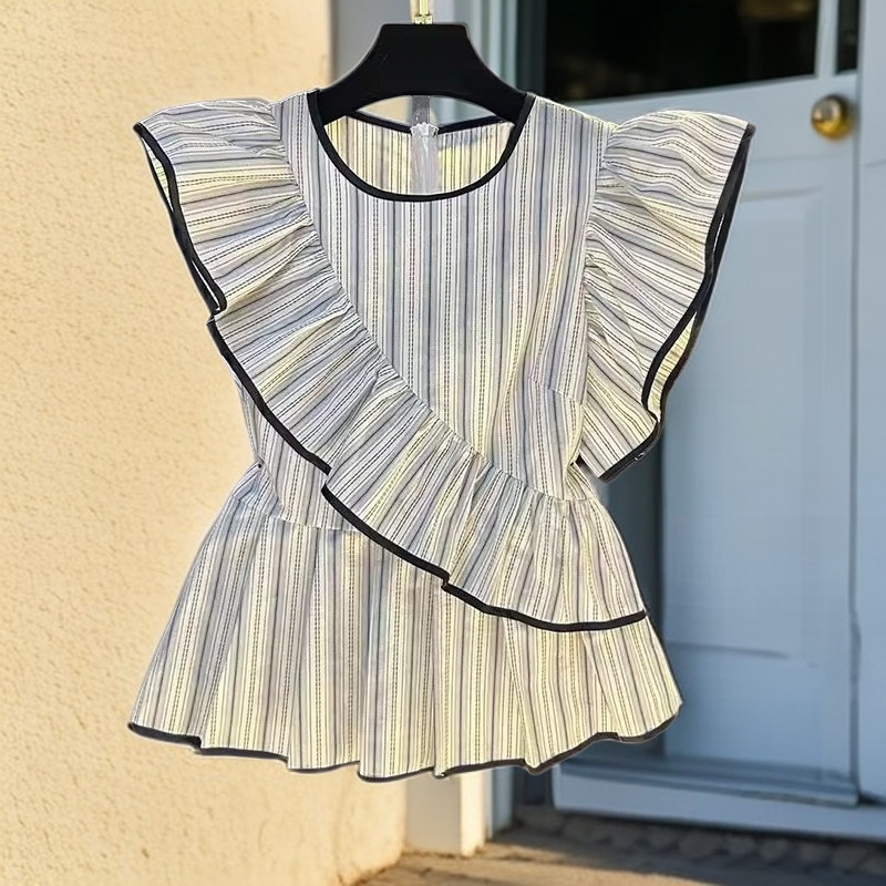 Jual Blus Wanita Desain Bergaris Lengan Ruffle | Shopee Indonesia