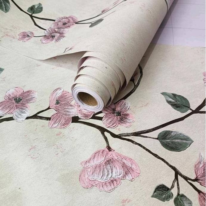 Jual Wallpaper Dinding Motif Bunga Sakura Dasar Putih Gading Mewah ...
