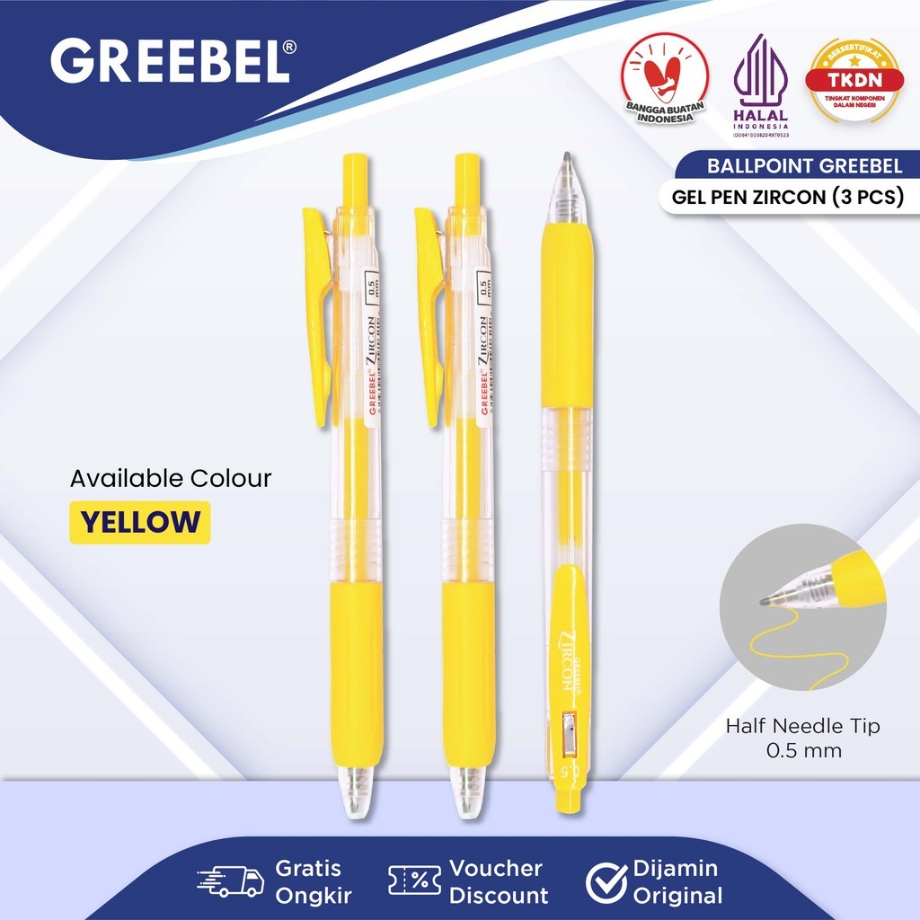 Jual GREEBEL Pulpen Gel / Gel Pen GP-509 Zircon Yellow 0.5 (3PCS/SET) / Ballpen Gel Ballpoint ...
