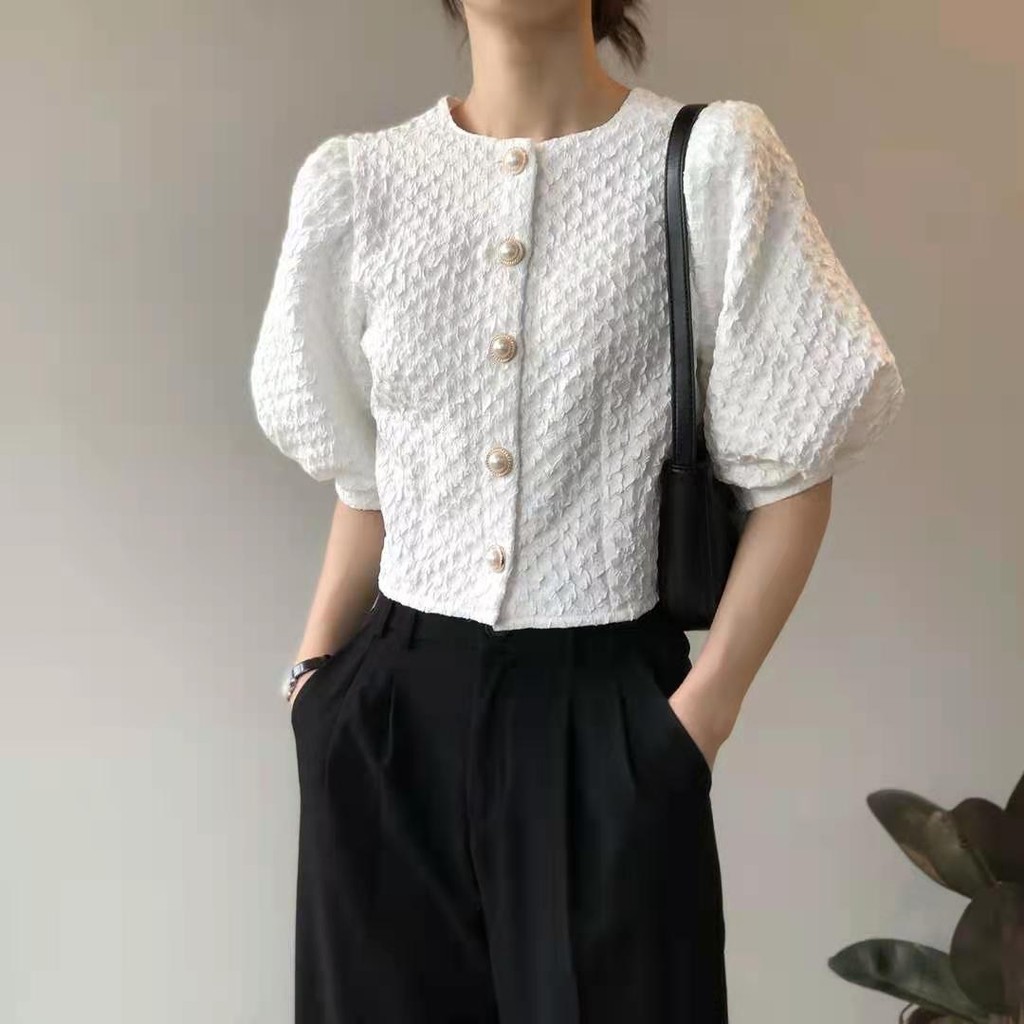 Jual Blus Elegan Gaya Chanel Lengan Puff Lipit Baru | Shopee Indonesia