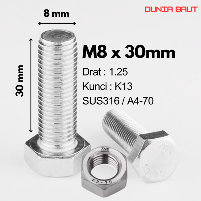 Jual Baut Hex Stainless SS316 M8X30 - Baut Hexagon 8X30 / M8 X 30 / 8 X 30 SUS316 / A4-70 Full ...