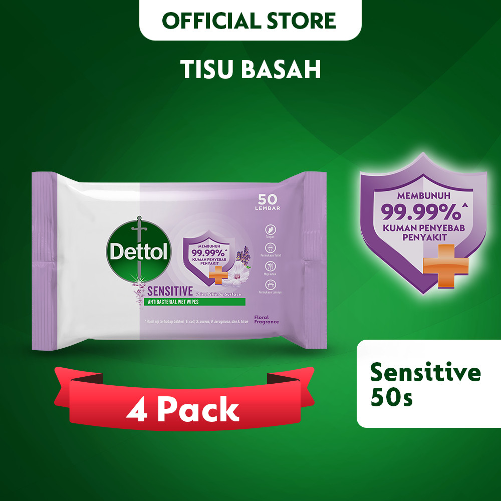 Jual Dettol Tisu Basah Sensitive Anti Bakteri 50s (4 pcs) - Wet Wipes ...
