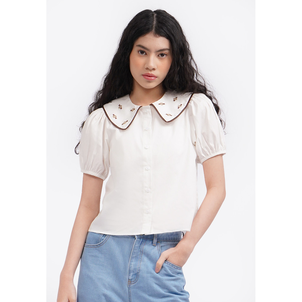 Jual COLORBOX Embroidered Collar Shirt Off White | Shopee Indonesia