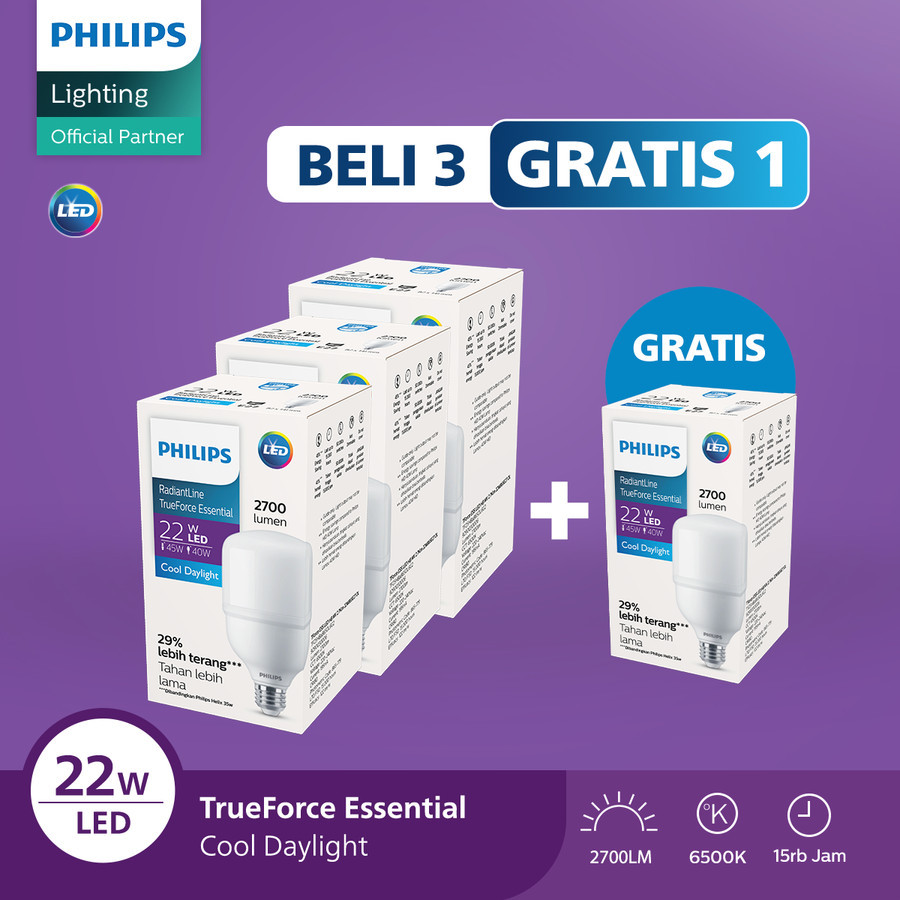 Jual Philips Paket 3 Free 1 Lampu Radiantline TrueForce Essential 22W Putih | Shopee Indonesia
