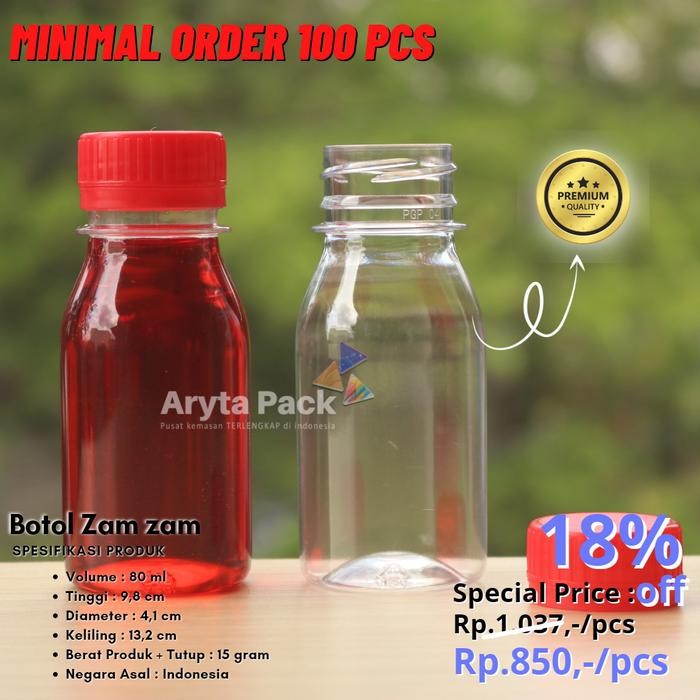 Jual Botol Plastik Pet 80Ml Zam Zam Minuman Mineral Jus Susu Kopi Tutup Ln Warna-Warni - Minimal ...