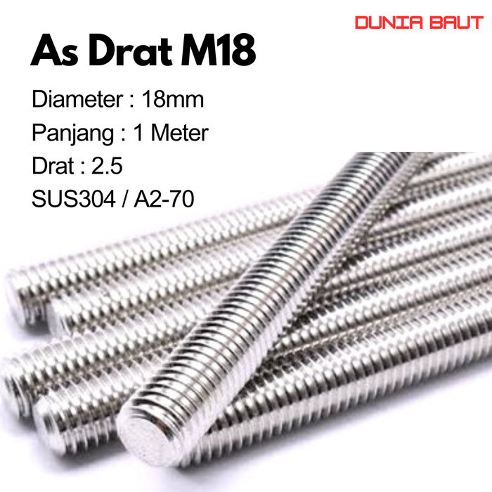 Jual Asdrat M18 / Long drat M18 / Stud bolt M18 / As drat M18 x 1 Meter Stainless SS304/SUS304 ...