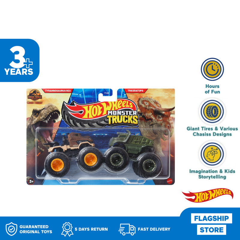 Jual Hot Wheels Monster Trucks 2025 Tyranosaurus Rex Vs Triceraptors - Mainan Mobil Balap ...